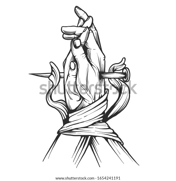 Hand Drawn Praying Hands Ribbon Illustration Stock Vector (Royalty Free ...