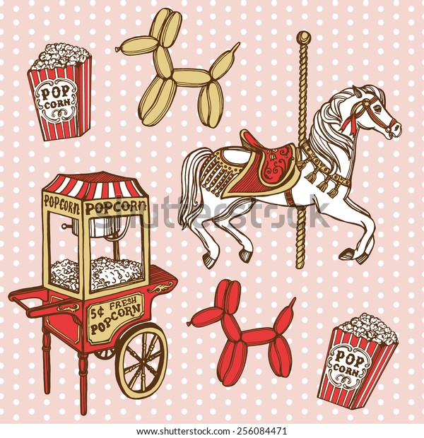 Hand Drawn Retro Luna Park Set: vector de stock (libre de regalías ...