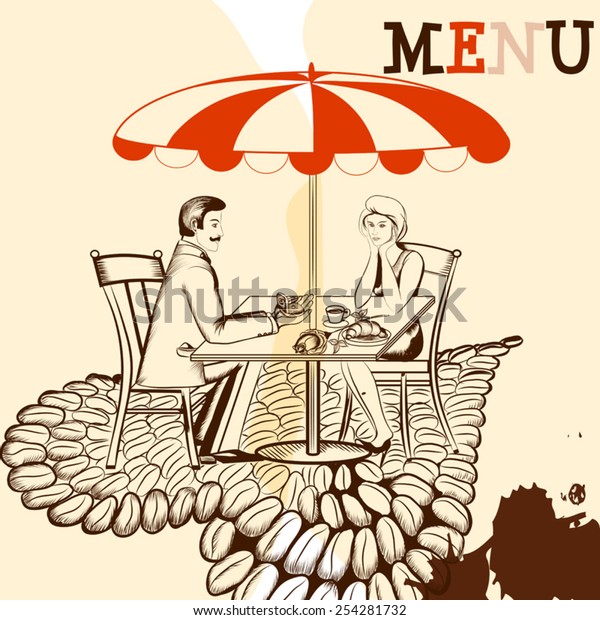 Hand Drawn Scenery Cafe Young Couple Stock Vector (Royalty Free ...
