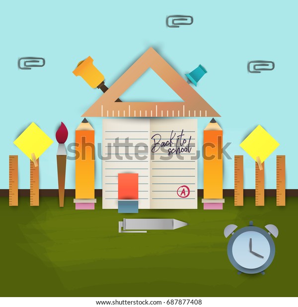 Hand drawn school building form with education supplies. Paper cut ...