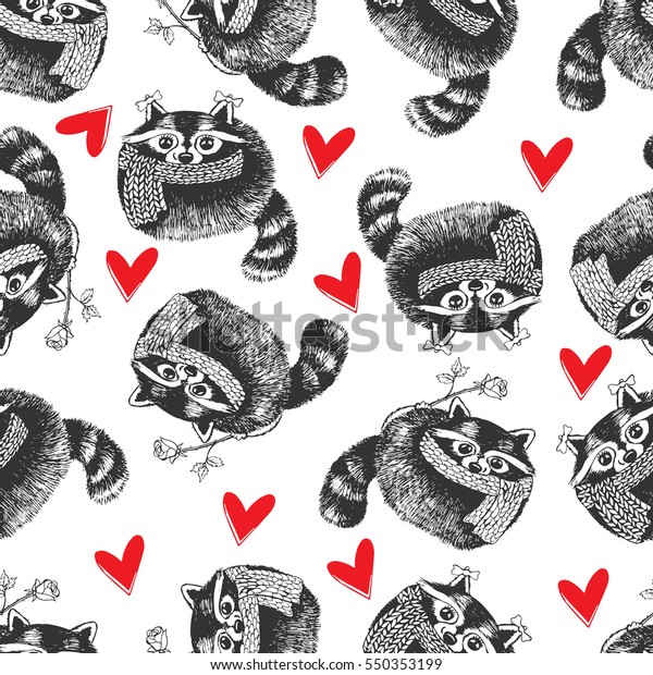 Hand Drawn Seamless Pattern Raccoons Hearts Stock Vector (Royalty Free ...