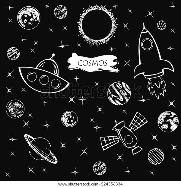 Hand drawn set of astronomy doodles.Space. Illustration.