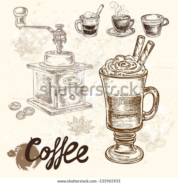 Hand Drawn Set Coffee Background Stock Vector (Royalty Free) 535965931 ...