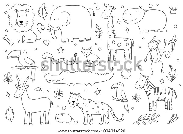 Hand Drawn Set Different Jungle Animals Stock Vector (Royalty Free ...