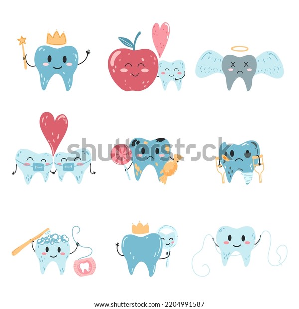 Hand Drawn Set Kawaii Teeth Characters Stock Vector (Royalty Free ...