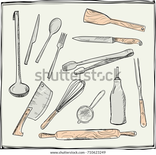 Hand Drawn Set Kitchen Utensils Graphic Stock Vector (Royalty Free ...