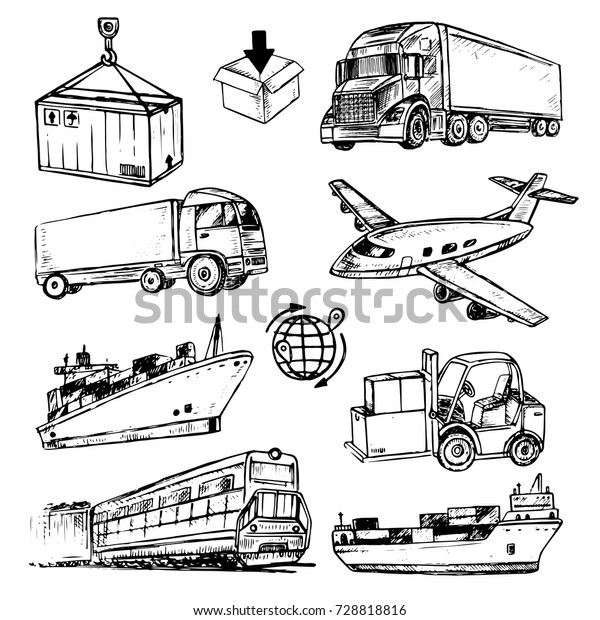 hand drawn set logistic collection with transport for logistics - Stock ...