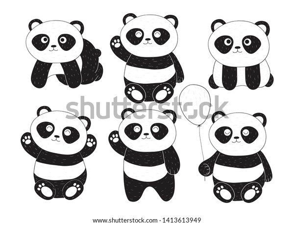 Hand Drawn Six Cute Pandas Different Stock Vector (Royalty Free ...