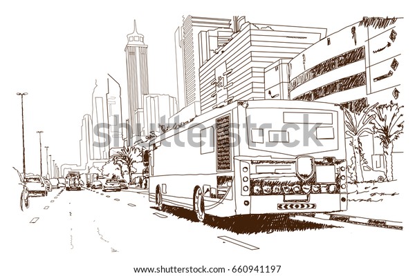 Hand Drawn Sketch Bus Building Dubai Stock Vector (Royalty Free) 660941197