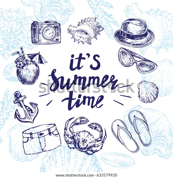 Hand Drawn Sketch Illustration Summer Items Stock Vector (Royalty Free ...