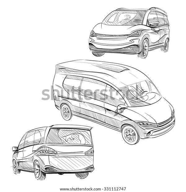 Hand drawn sketch minibus abstract vector design concept set