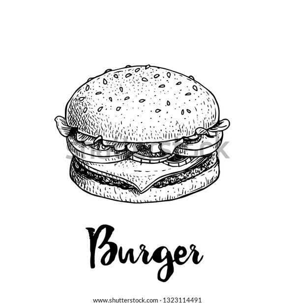 Hand Drawn Sketch Style Burger Fast Stok Vektör (Telifsiz) 1323114491