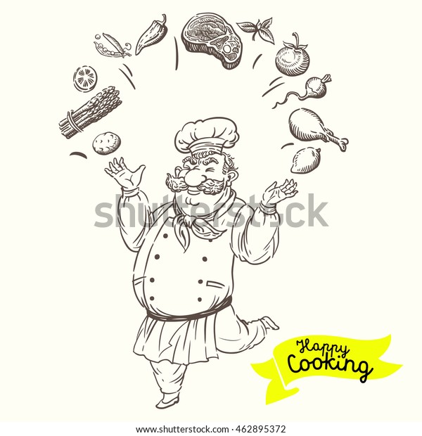 Hand Drawn Smiling Cook Juggles Food Stock Vector (Royalty Free ...