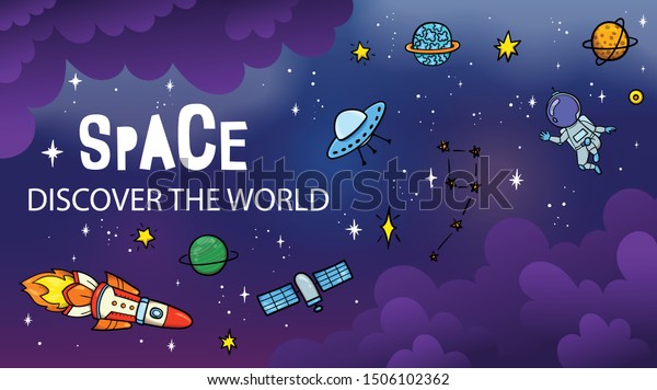 Hand drawn space banner template. Space doodle Vector illustration with ...