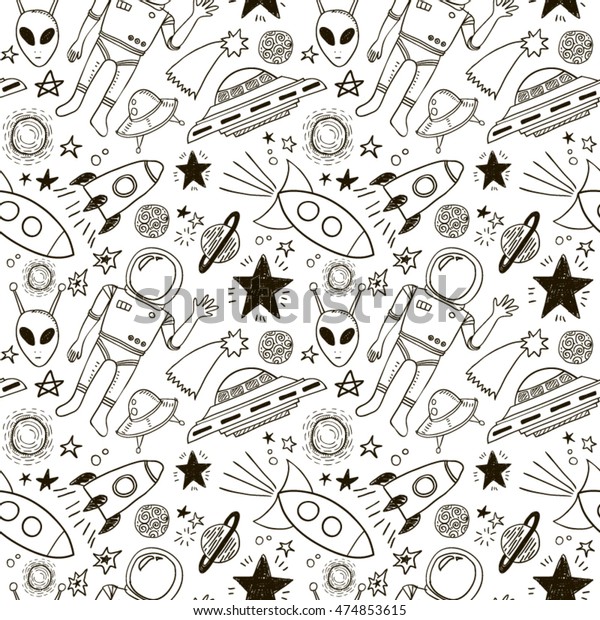 Hand Drawn Space Doodle Seamless Pattern Stock Vector (Royalty Free ...