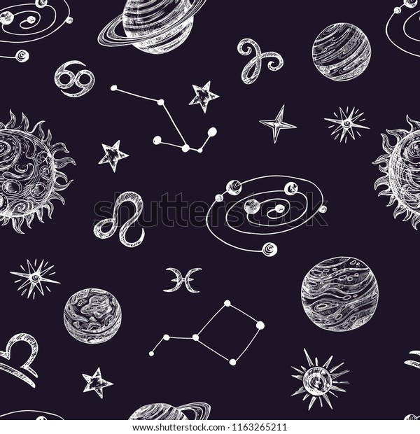 Hand Drawn Space Stars Planets Moon Stock Vector (Royalty Free ...