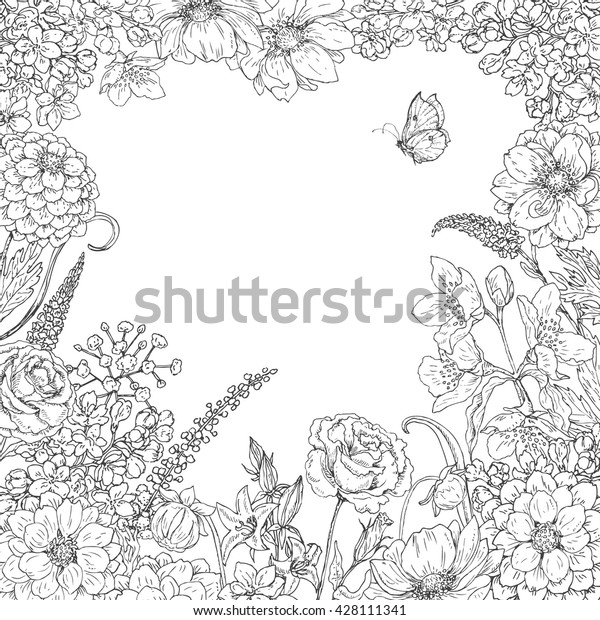 Hand Drawn Square Floral Frame Flowers: immagine vettoriale stock ...