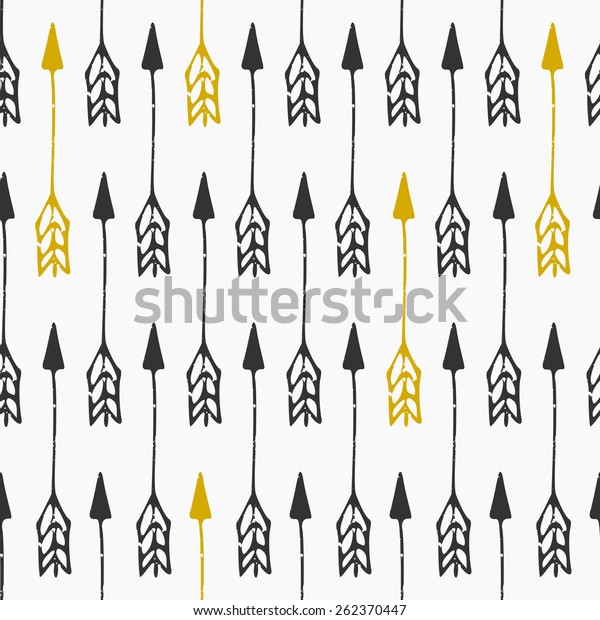 Hand drawn style arrows seamless pattern. Vintage abstract repeat pattern in black, golden and ...
