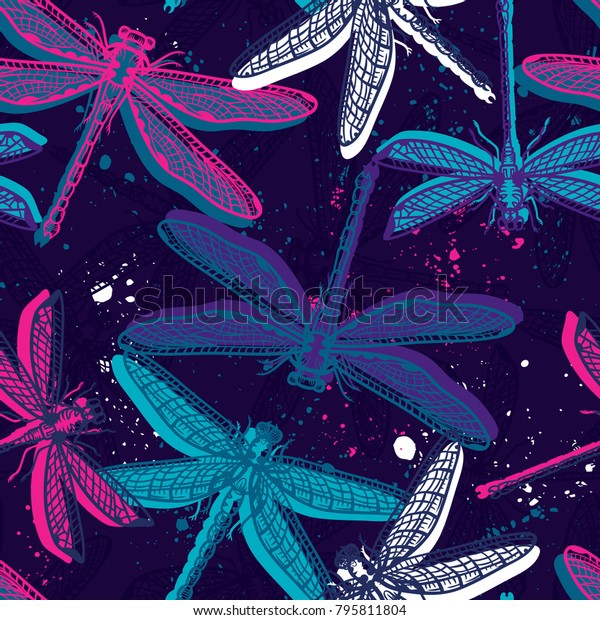 Hand Drawn Stylized Dragonflies Seamless Pattern Stock Vector (Royalty ...