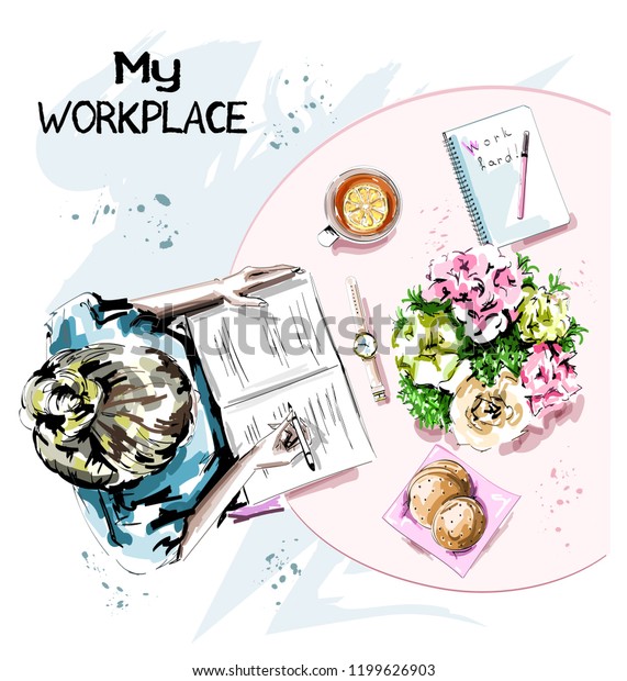 Hand Drawn Table Set Woman Sitting Stock Vector (Royalty Free ...