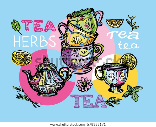 Hand drawn tea time collection. Vector illustration.