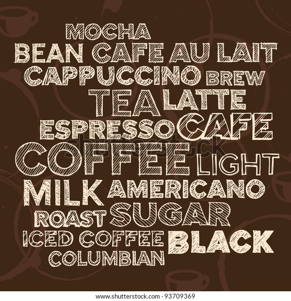 Texto desenhado à mão letras de café e café termos