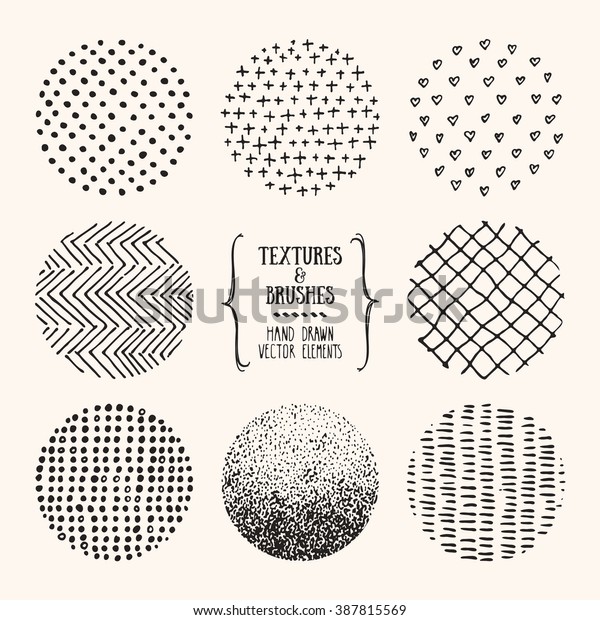 Hand drawn textures and brushes. Artistic collection of design elements: dots, hearts, brush ...