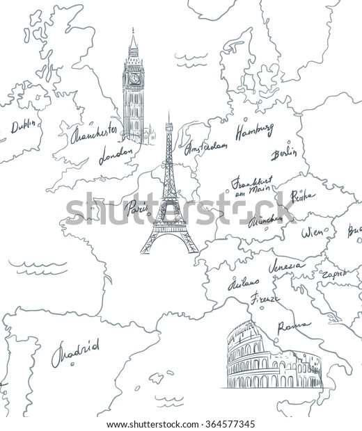 Hand Drawn Tourist Map Sights Europe: vetor stock (livre de direitos ...