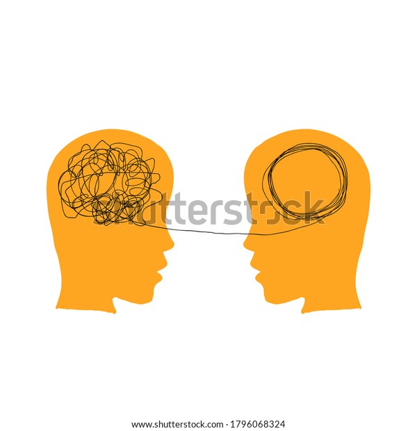 hand drawn Two humans head silhouette psycho therapy concept. Therapist ...