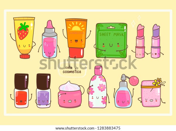 Hand drawn various cute cosmetics. Colored vector set. All elements are ...