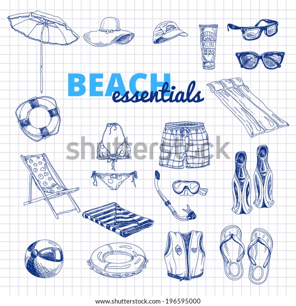Hand Drawn Vector Illustration Beach Essentials Stock Vector (Royalty ...