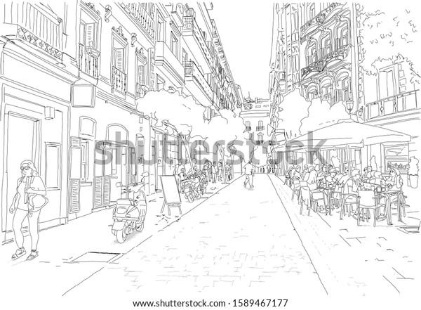 Hand Drawn Vector Illustration Street Scene Stock Vector (Royalty Free ...