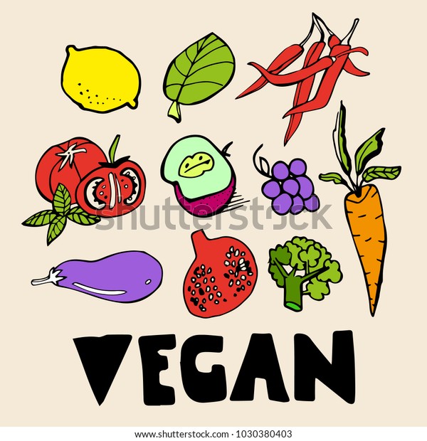 Hand Drawn Vegan Food Elements Set Stock Vector (Royalty Free ...
