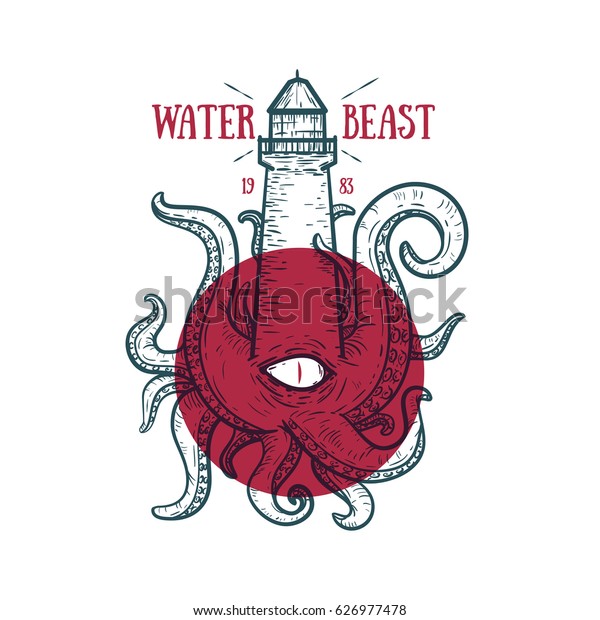 Hand Drawn Vintage Lighthouse Monster Tentacles Stock Vector (Royalty ...