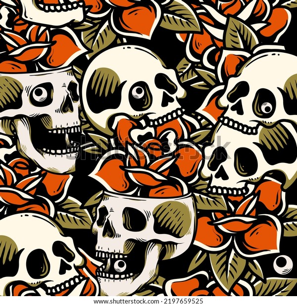 Hand Drawn Vintage Skull Head Roses Stock Vector (Royalty Free ...
