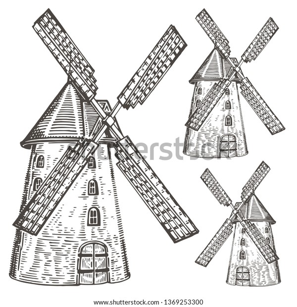 Hand Drawn Vintage Windmill Engraved Style Stock Vector (Royalty Free ...