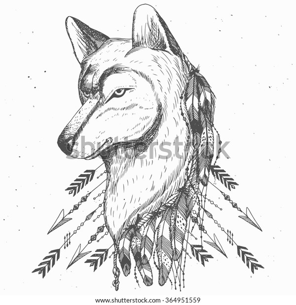 Hand Drawn Wolf Aztec Style Feathers Stock Vector (Royalty Free ...