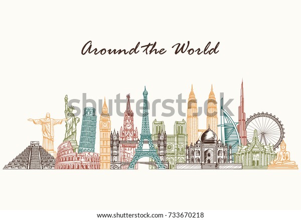 Hand Drawn World Famous Monuments Travel Stock Vector (Royalty Free ...