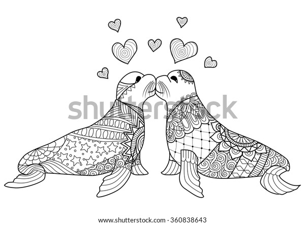 Hand Drawn Zentangle Seals Couple Kissing Stock Vector (Royalty Free ...