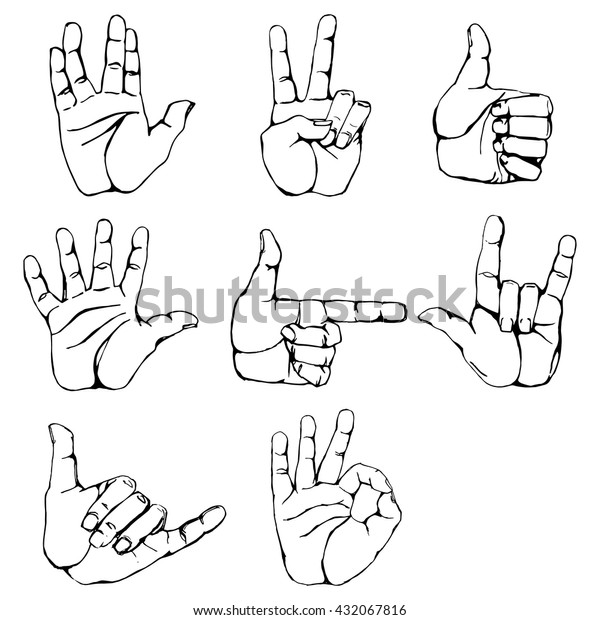 Hand gestures and sign language icon set. Isolated contour illustration ...