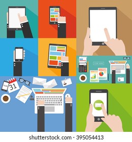 Hand Holding Computer Communication Devices Flat Stock Vector (Royalty ...