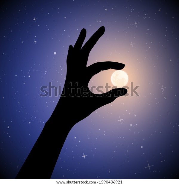 Hand Holding Moon On Starry Background Stock Vector (Royalty Free ...