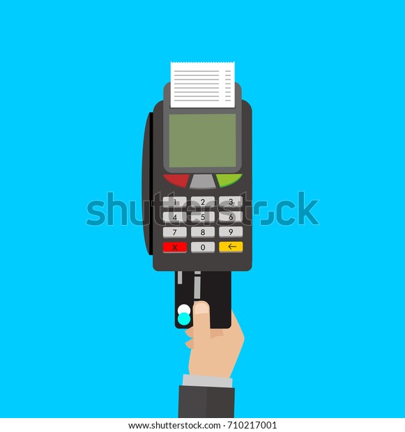Hand Holding Pos Terminal Pushing Credit Stock Vector (Royalty Free ...