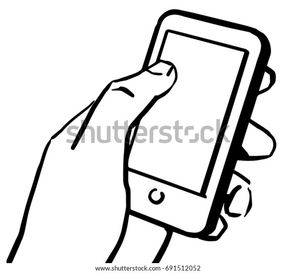Hand Holding Smartphone Finger Poking On 스톡 벡터(로열티 프리) 691512052