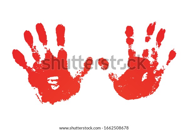 Hand paint print set, isolated white background. Red human palm and ...