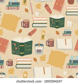 Handdrawn Cute Cozy Reading Seamless Pattern Stock Vector (Royalty Free ...