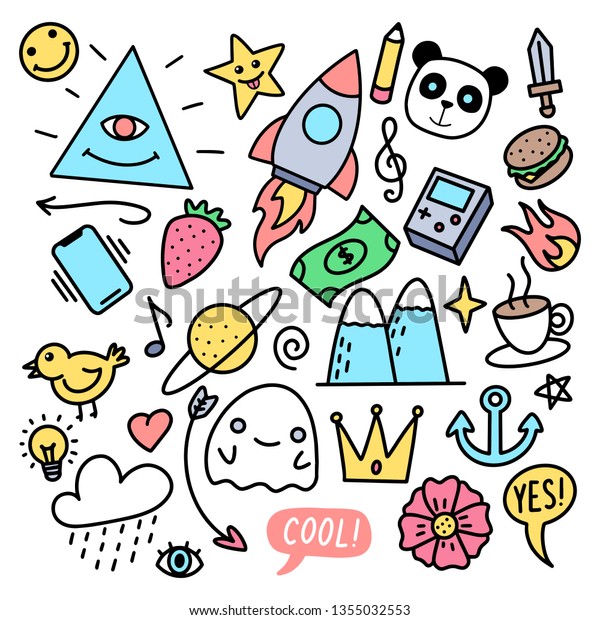 Handdrawn Doodles Various Children Things Cartoon 스톡 벡터(로열티 프리) 1355032553
