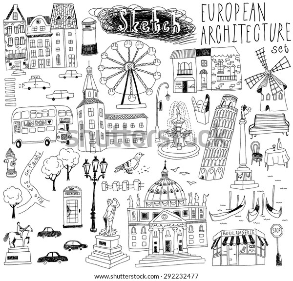 Handdrawn European Architecture Set Stock Vector (Royalty Free ...