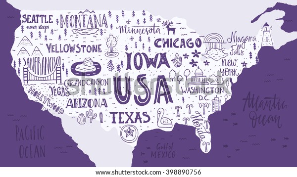 Handdrawn Illustration Usa Map Hand Lettering: vetor stock (livre de ...
