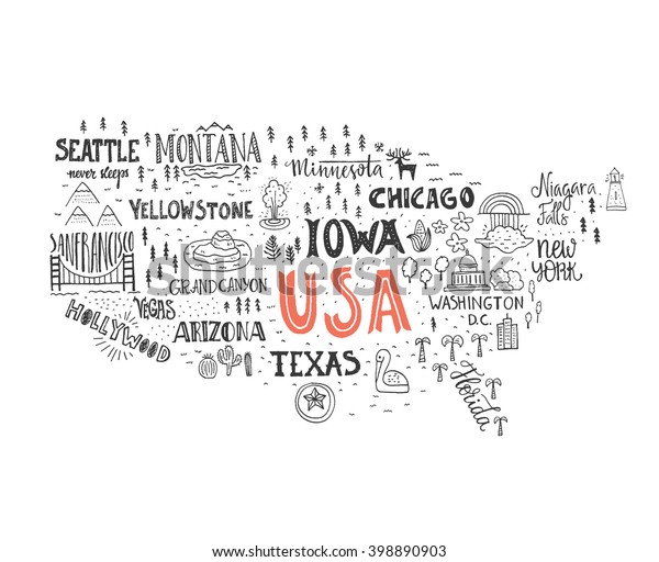Handdrawn illustration of USA map with hand lettering names of states ...
